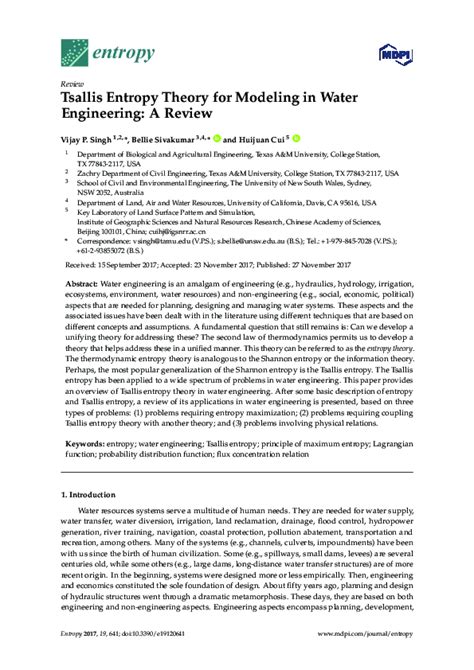 Pdf Tsallis Entropy Theory For Modeling In Water Engineering A Review