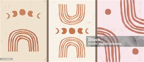 벡터 그림입니다 미니멀 한 보헤미안 디자인 빈티지 아트 50 년대 60 년대 복고풍 그래픽 손으로 그린 무지개 아치 그런지 질감 포스터 엽서 책 표지 잡지 브로셔 전단지용