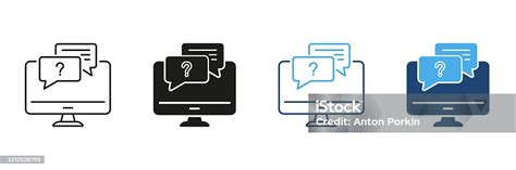 채팅 풍선 아이콘이 설정된 컴퓨터입니다 온라인 지원 고객 서비스 및 커뮤니케이션 개요 및 실루엣 기호 수집 디지털 지원 및 헬프 데스크 고립 된 벡터 일러스트 레이 션