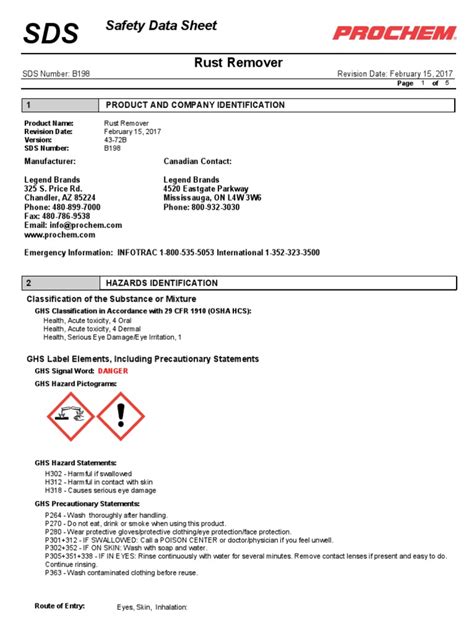 Safety Data Sheet Rust Remover: 1 Product and Company Identification ...