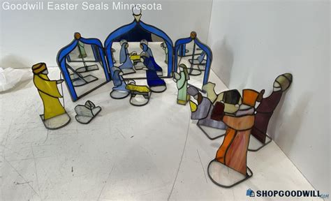 10pc Lot Of Standing Colored Stained Glass Nativity Figures Glass