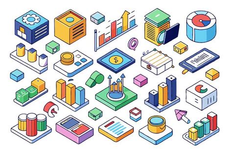 A Collection Of Isometric Icons Representing Various Business And Finance Concepts Such As