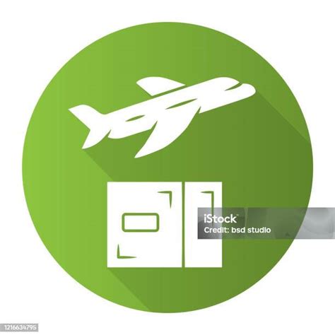 평면 녹색 플랫 디자인 긴 그림자 문표 아이콘으로 배달 합니다 항공 화물 소포 소포의 전송 및 선적 항공 배달 항공 우편을 익스프레스 화물 항공기 벡터 실루엣 일러스트레이션