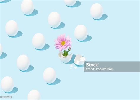 흰색 달걀과 꽃으로 만든 창조적 인 부활절 패턴은 밝은 파란색 배경에 금이 달걀 껍질에서 튀어 나옵니다 0명에 대한 스톡 사진 및 기타 이미지 Istock