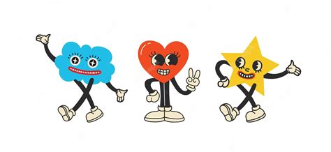 그루비 히피 러브 스티커 캐릭터 유행하는 복고풍 60년대 70년대 만화 스타일의 빈티지 격리 벡터 삽화에 날개가 달린 만화 행복한 버섯 핫도그와 구름 캐릭터 프리미엄 벡터