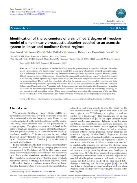 PDF Identification Of The Parameters Of A Simplified Degree Of Freedom Model Of A Nonlinear