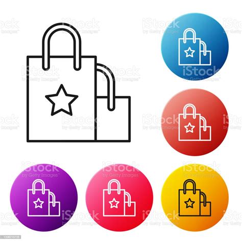 흰색 배경에 격리 된 검은 색 선 종이 쇼핑 백 아이콘입니다 패키지 기호입니다 아이콘 다채로운 원 버튼을 설정합니다 벡터 일러스트레이션 가방에 대한 스톡 벡터 아트 및 기타