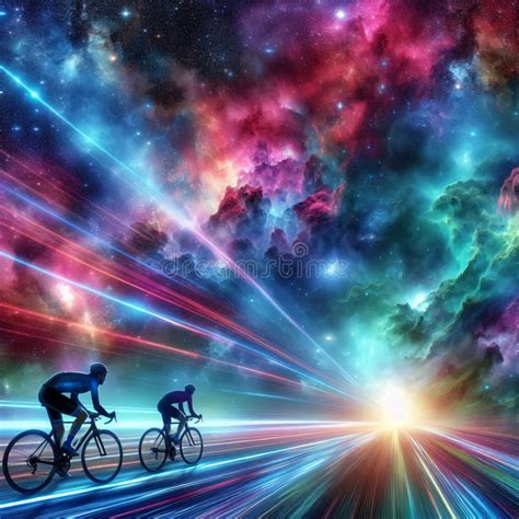 Vibrant Cosmic Scene With Cyclist Riding Towards A Light Beam Stock