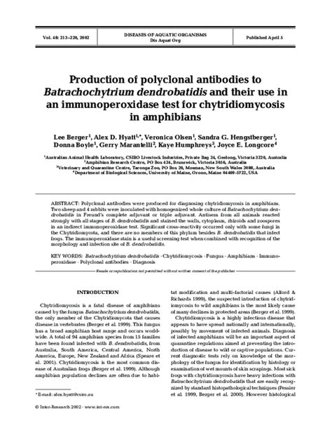 Pdf Production Of Polyclonal Antibodies To Batrachochytrium