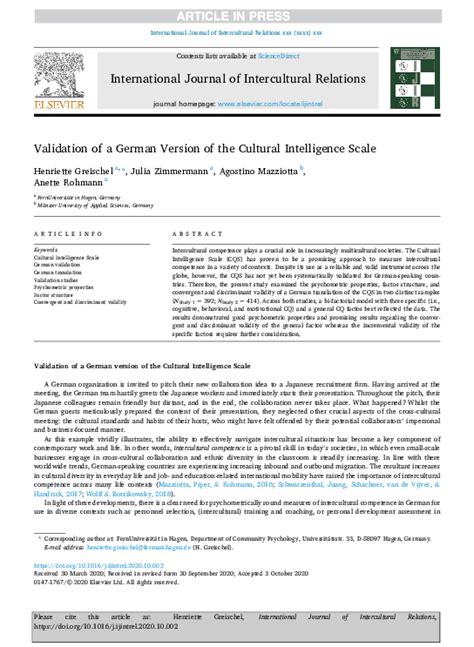 Pdf Validation Of A German Version Of The Cultural Intelligence Scale