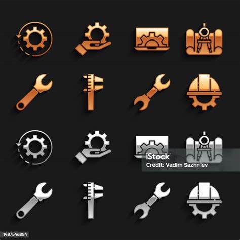 캘리퍼 또는 캘리퍼 및 스케일 설정 그래프 용지 나침반 작업자 안전 헬멧 장비 렌치 스패너 노트북 기어 화살표 워크플로 및 손