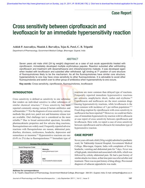 Pdf Cross Sensitivity Between Ciprofloxacin And Levofloxacin For An
