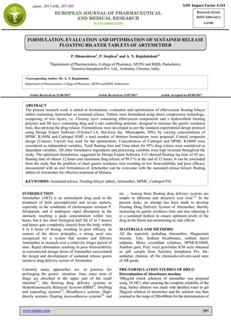 Formulation Evaluation And Optimisation Of Sustained Release Floating Bilayer Tablets Of