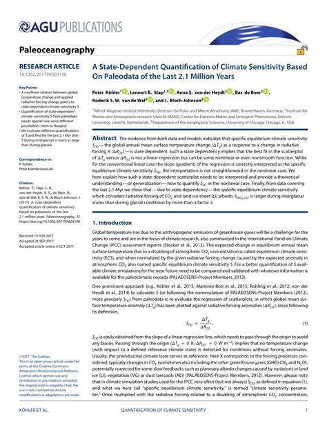 Pdf A State Dependent Quantification Of Climate Sensitivity Based On