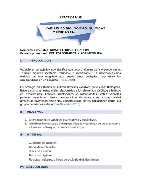Práctica 5 5 5 Variables Biologicas Quimicas Y Fisicas En Ecologia Pdf