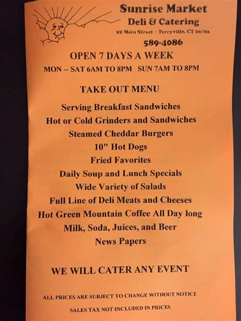 Menu At Sunrise Deli And Caterers Restaurant Plymouth