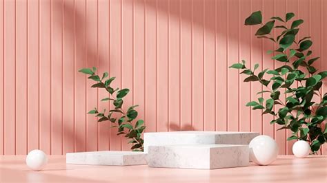 화분이있는 식물과 흰색 공이있는 분홍색 방에서 장식용 기하학적 돌 연단의 3d 렌더링 0명에 대한 스톡 사진 및 기타 이미지 0명 3차원 형태 강단 Istock