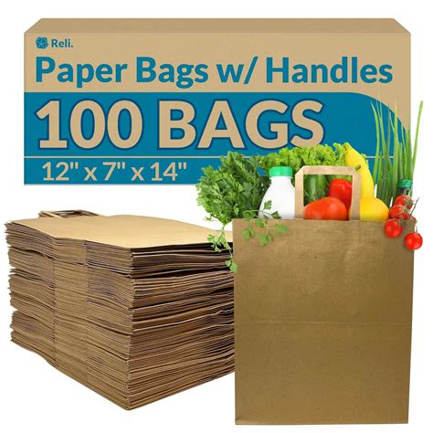 Reli Paper Grocery Bags Whandles 100 Pcs Bulk12x7x14 Large