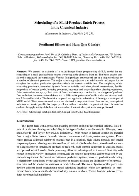 Pdf Scheduling Of A Multi Product Batch Process In The Chemical Industry