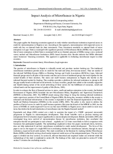 Pdf Impact Analysis Of Microfinance In Nigeria