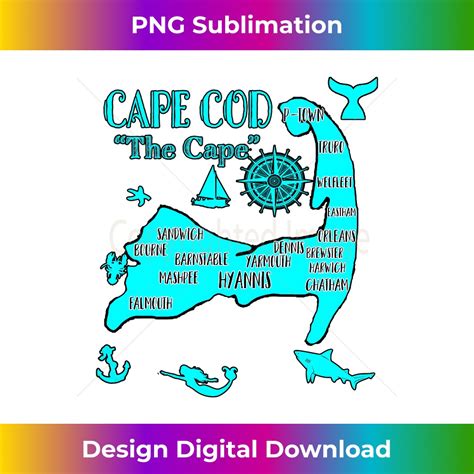 Map Of Cape Cod Aqua Blue Nautical Symbols Fish Mermaid Long Inspire