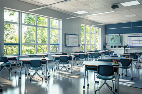 Futuristic School Classroom With Advanced Technology And Panoramic Windows Design For Print