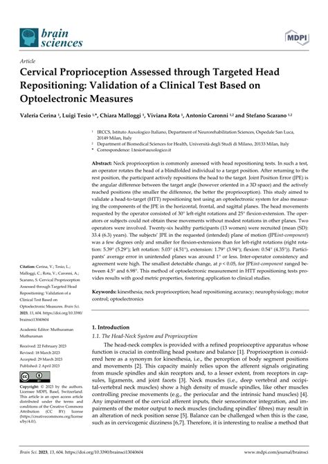 Pdf Cervical Proprioception Assessed Through Targeted Head Repositioning Validation Of A
