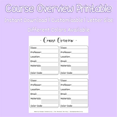 Course Overview Printable Class Information Sheet Class Overview Semester Overview