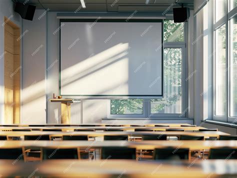 A Standard Classroom Setup With A Projector Screen For Presentations