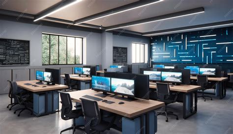 Un Salón De Clases Con Numerosas Computadoras Y Escritorios Foto Premium