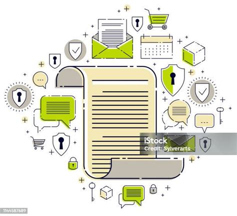 아이콘 세트 전자 문서 개념 데이터 저장 및 보호 Faq 또는 계약 회원 계약 및 규칙 벡터 디자인 종이 문서 개념에 대한 스톡