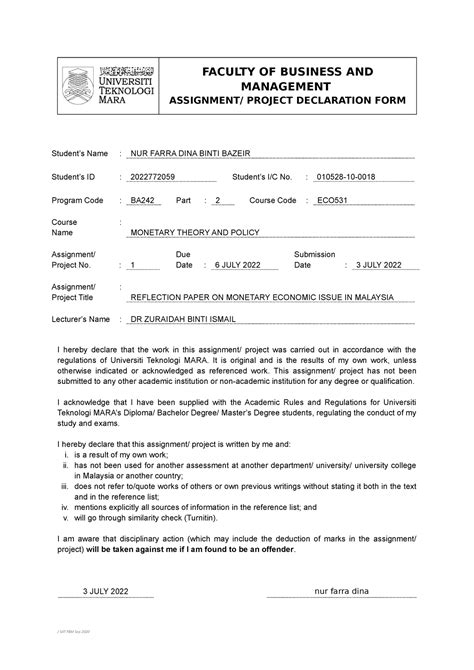 Assignment Declaration Faculty Of Business And Management Assignment Project Declaration Form