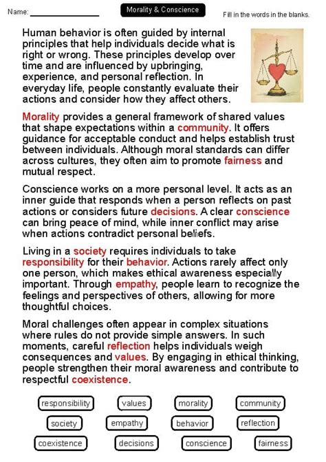 Morality And Conscience Ethics Cloze Text Values And Responsibility