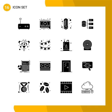 User Interface Pack Of 16 Basic Solid Glyphs Of Celebration Sausage Thermometer Pork Storage