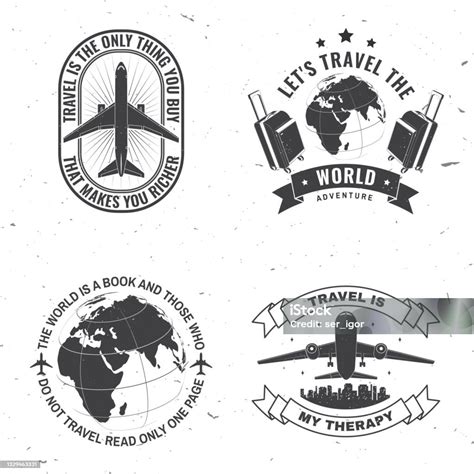 여행 배지 로고 세트 여행 영감 따옴표 가방 비행기 글로브 실루엣 벡터 일러스트 여행 포스터 타이포그래피에 대한 동기 부여 여행