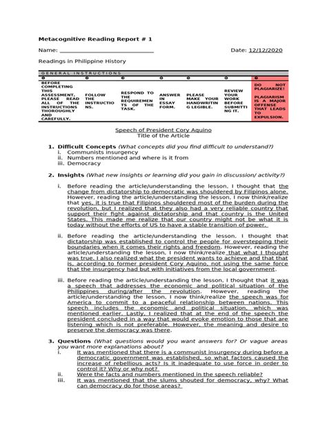 Metacognitive Reading Report Template Pdf Democracy Political