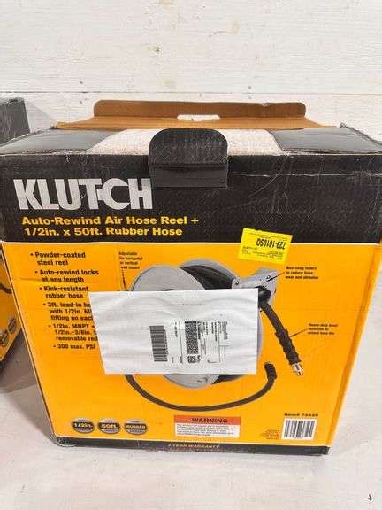 Klutch Auto Rewind Air Hose Reel With 1 2in X 50ft Rubber Hose