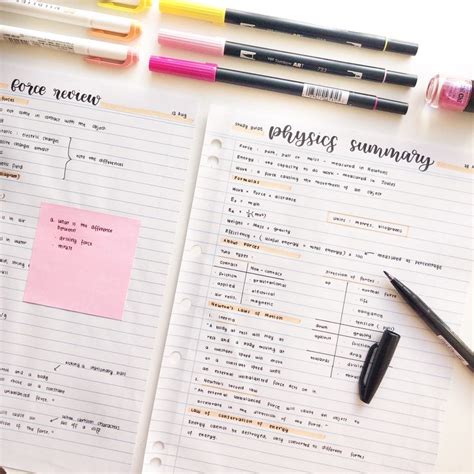 An Open Notebook With Writing On It Next To Some Pens And Other Office Supplies Such As Markers