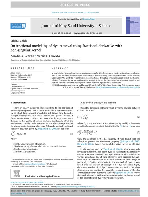 Pdf On Fractional Modelling Of Dye Removal Using Fractional