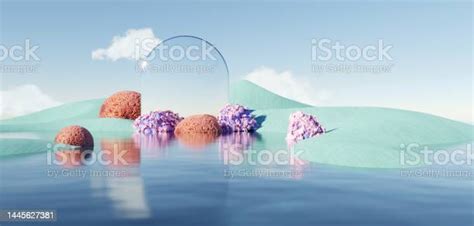 초현실적 인 아름 다운 꿈의 땅 배경입니다 기하학적 아치가 있는 겨울 시즌 풍경의 추상 모래 언덕 물과 자연 흐린 하늘이 있는 환상의 섬 풍경 금속 거울 아치3d 렌더링 0