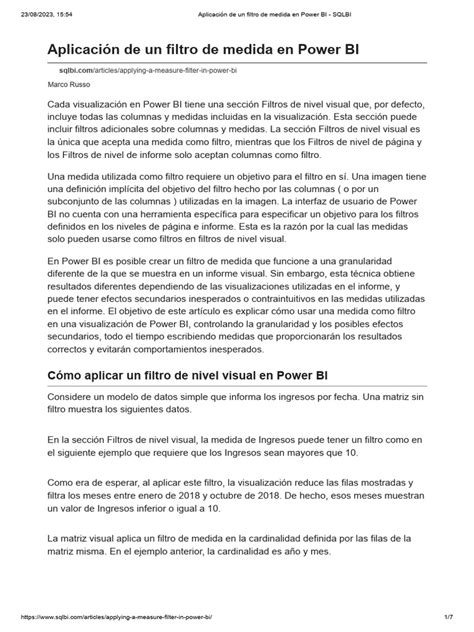 Aplicación De Un Filtro De Medida En Power Bi Sqlbi Pdf Matriz