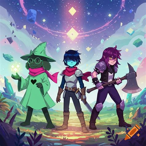 Ralsei Kris And Susie From Deltarune Stand In A Vibrant Mystical