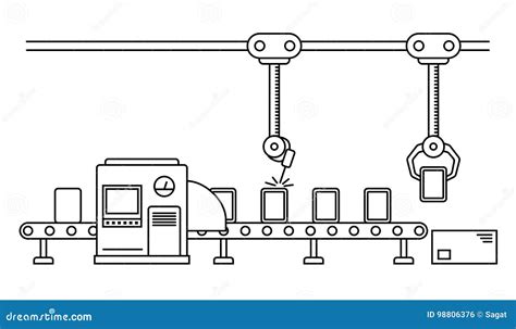 Thin Line Style Assembly Line Stock Vector Illustration Of Machine
