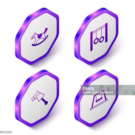 안장 그네 체조 반지 장난감 말 및 어린이 아이콘을위한 스윙에 아이소 메트릭 말을 설정하십시오 보라색 육각형 버튼 벡터 0명에 대한 스톡 벡터 아트 및 기타 이미지 Istock