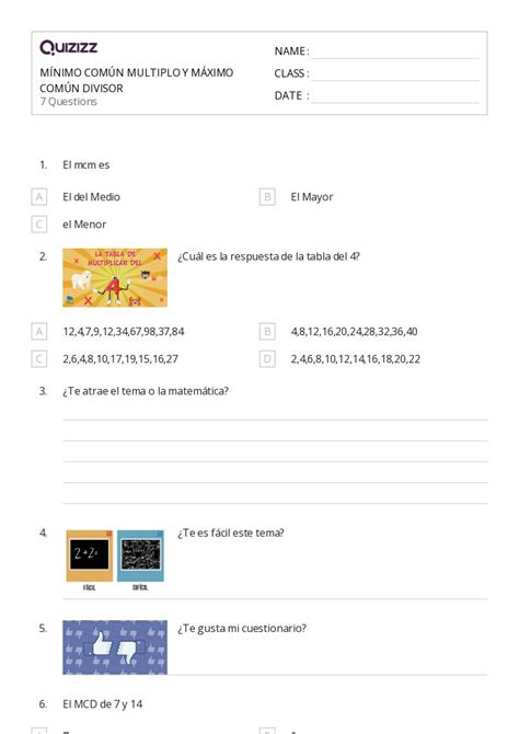 50 Máximo Común Divisor Hojas De Trabajo En Quizizz Gratis E Imprimible