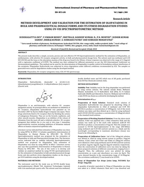 Pdf Method Development And Validation For The Estimation Of Olopatadine In Bulk And