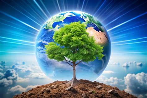 Tree Growing On Earth With Abstract Blue Background Environmental