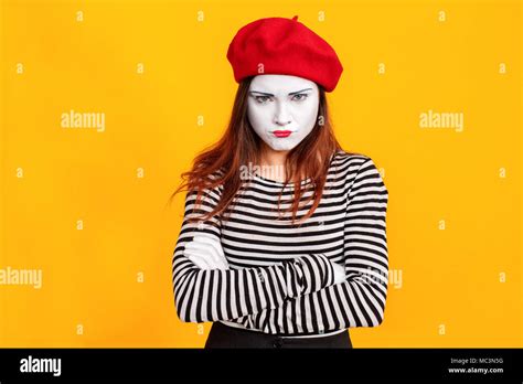 Portrait Of Cute Mime Woman Have Unhappy Angry Look Emotions And
