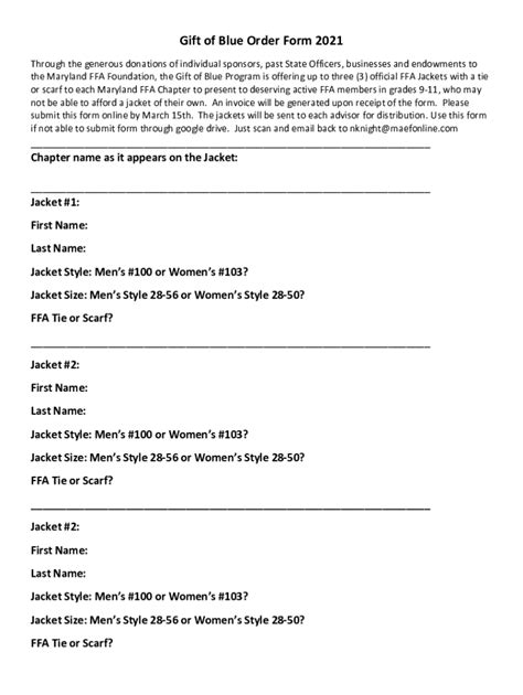 Fillable Online T Of Blue Order Form 2021 Mdffa Fax Email Print