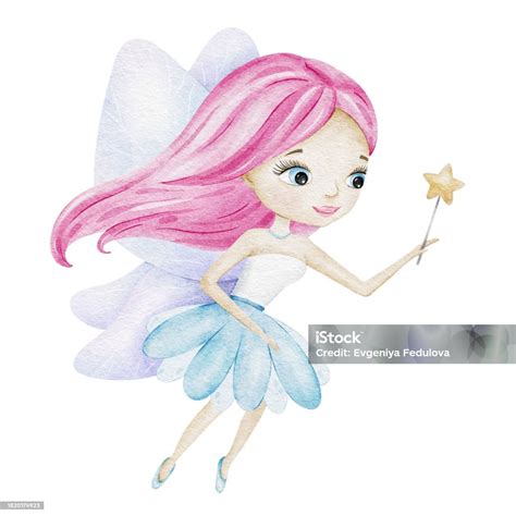 마술 지팡이와 하늘색 날개를 가진 귀여운 작은 요정 고립된 수채화 그림입니다 아동 용품 의류 엽서 베이비 샤워 어린이 방 요정
